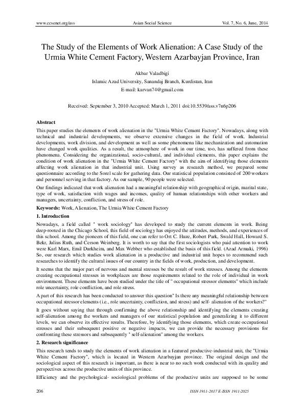 (PDF) The Study of the Elements of Work Alienation: A Case Study of the ...