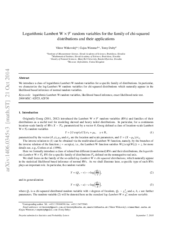 (PDF) Logarithmic Lambert W× F random variables for the family of chi-squared distributions and ...