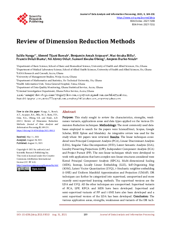 (PDF) Review of Dimension Reduction Methods