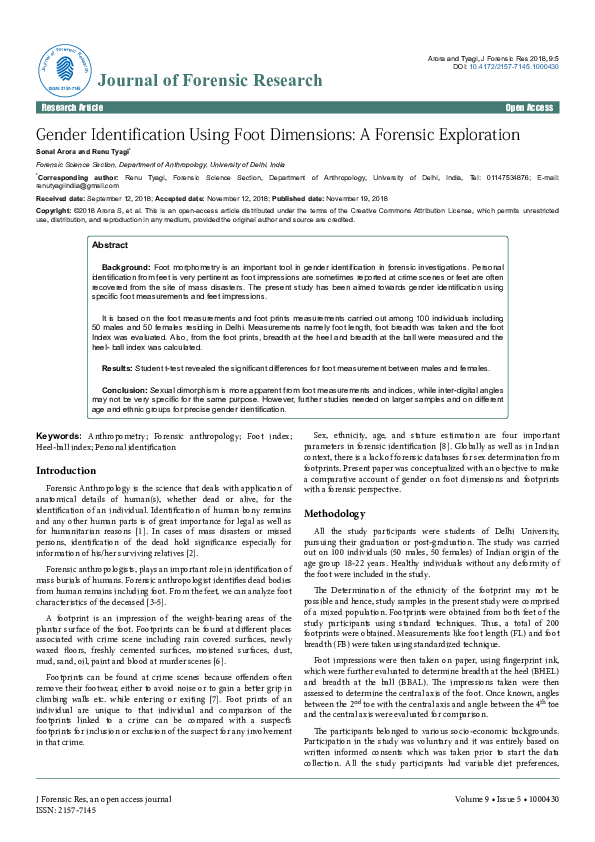 (PDF) Gender Identification Using Foot Dimensions: A Forensic Exploration