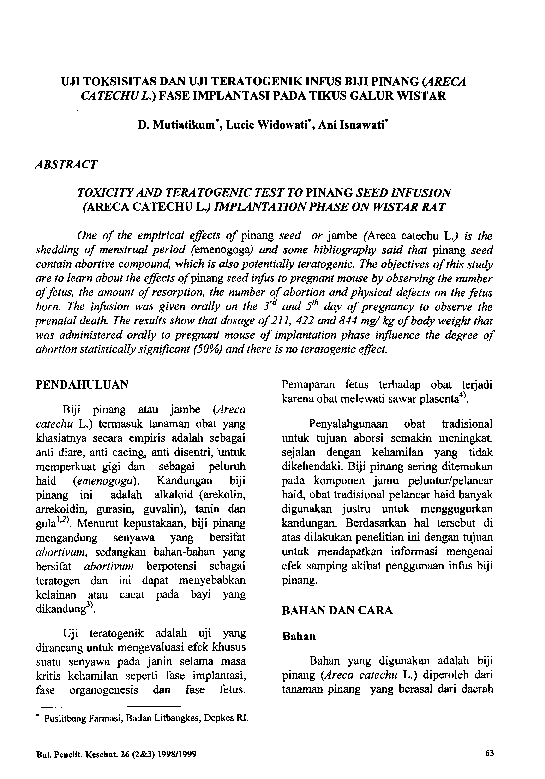 (PDF) Uji Toksisitas Dan Uji Teratogenik Infus Biji Pinang (Areca Catechu L.) Fase Implantasi ...