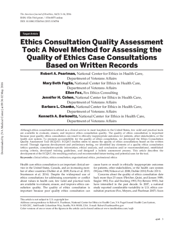 (PDF) Ethics Consultation Quality Assessment Tool: A Novel Method for ...