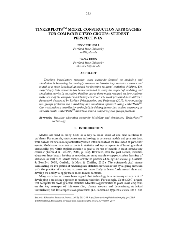 (PDF) TInkerPlots Model Construction Approaches For Comparing Two Groups: Student Perspectives ...