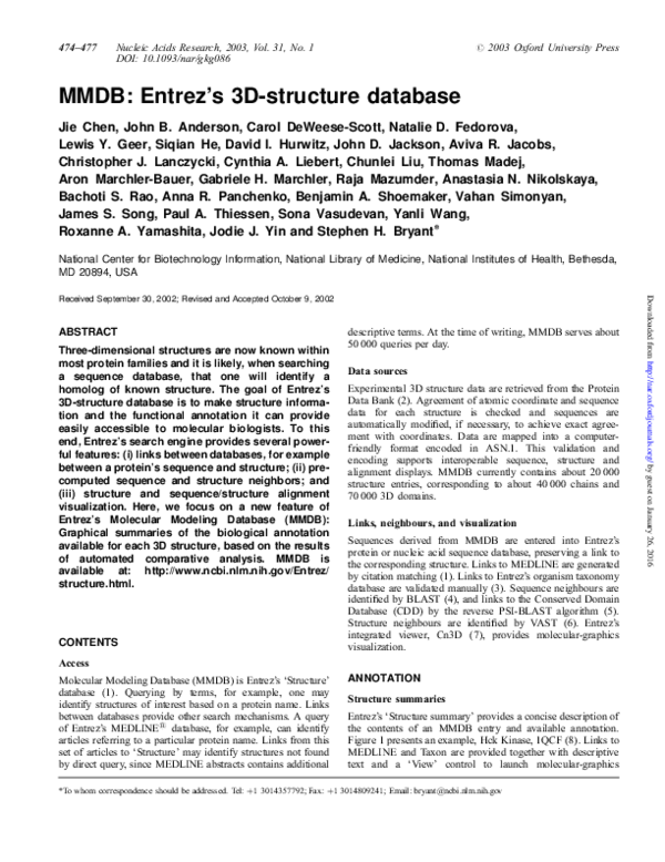 (PDF) MMDB: Entrez's 3D structure database