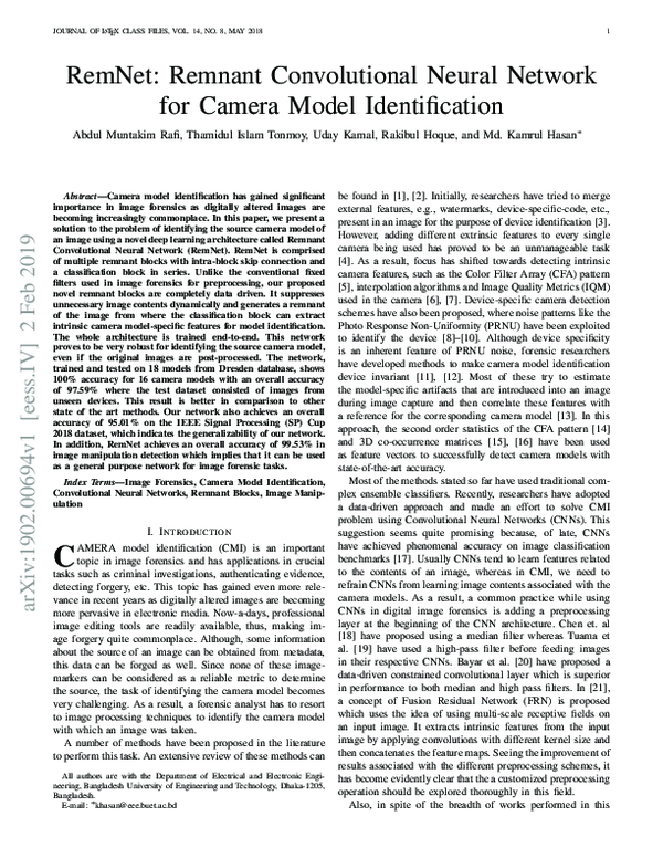 (PDF) RemNet: remnant convolutional neural network for camera model identification | Kamrul ...