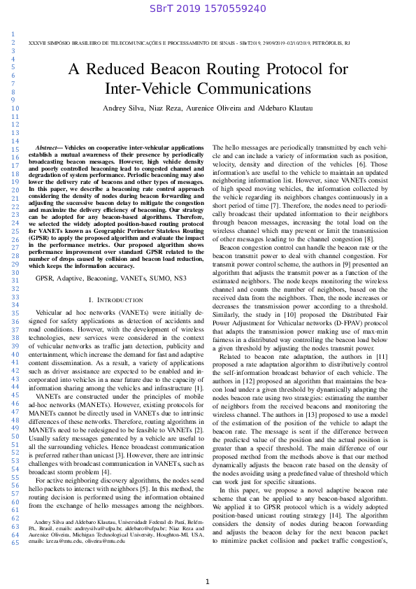 (PDF) A Reduced Beacon Routing Protocol for Inter-Vehicle Communications