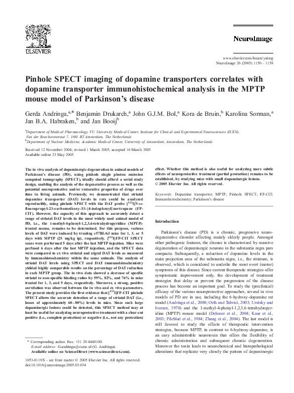 (PDF) Pinhole SPECT imaging of dopamine transporters correlates with ...