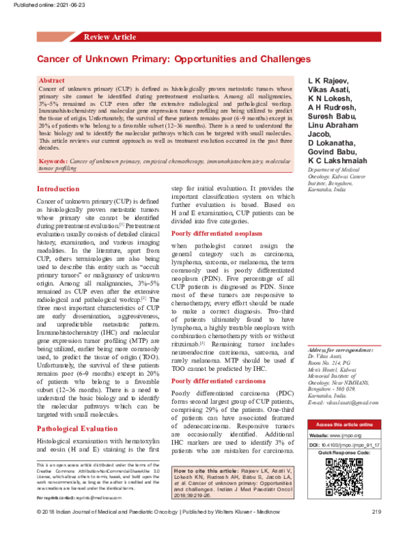 (PDF) Cancer of unknown primary: Opportunities and challenges