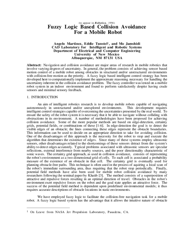 Pdf Fuzzy Logic Based Collision Avoidance For A Mobile Robot