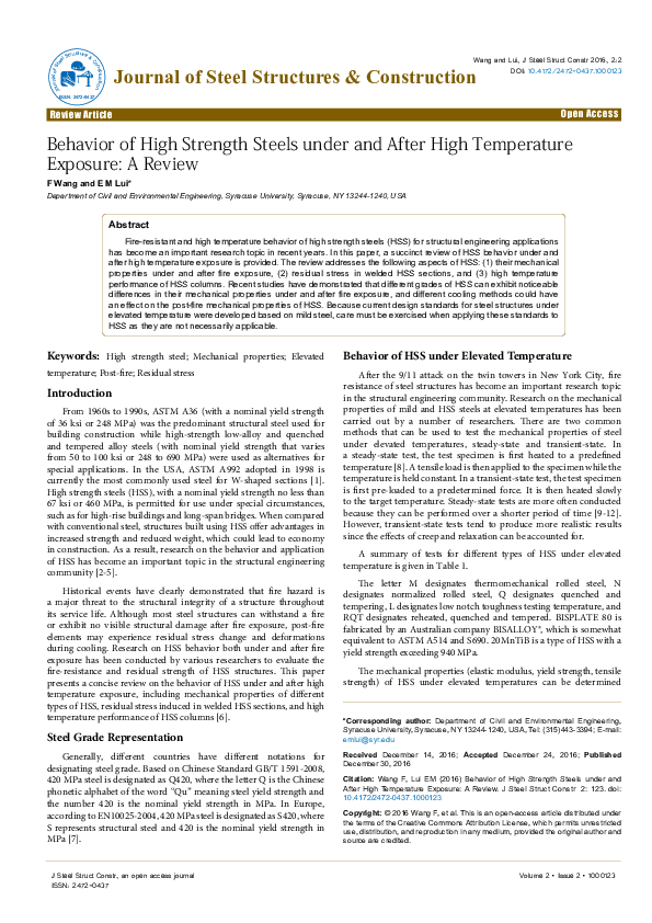 (PDF) Behavior of High Strength Steels under and After High Temperature Exposure: A Review