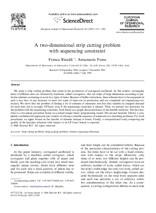 Pdf A Two Dimensional Strip Cutting Problem With Sequencing Constraint