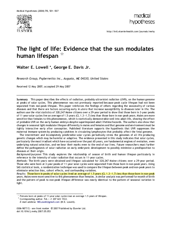 (PDF) The light of life: Evidence that the sun modulates human lifespan
