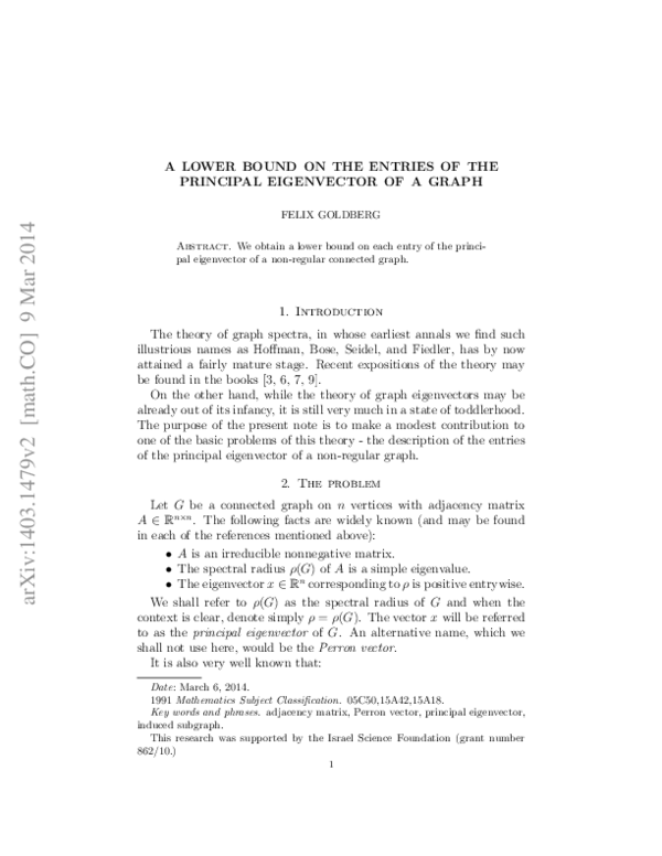 Pdf A Lower Bound On The Entries Of The Principal Eigenvector Of A Graph Felix Goldberg