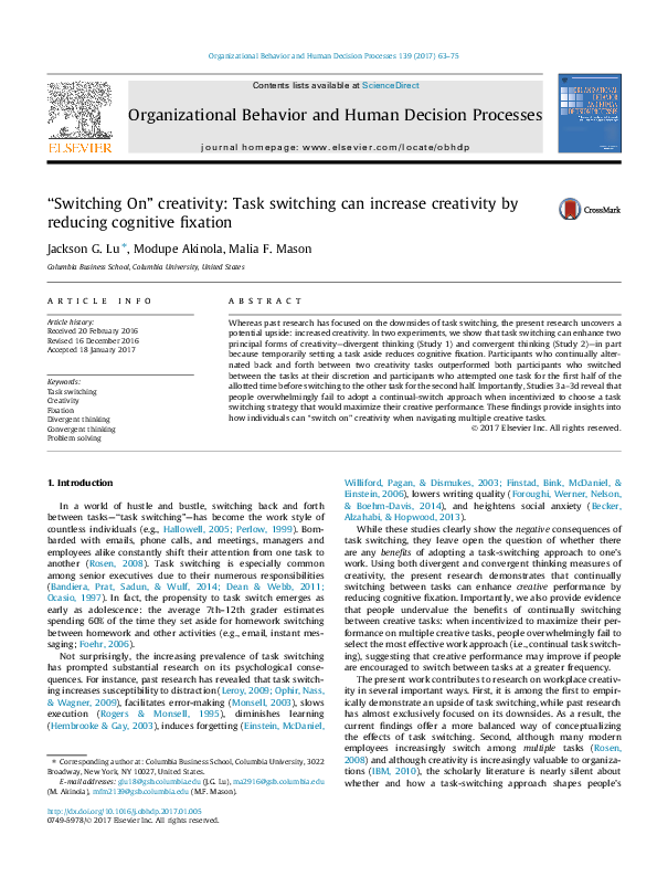 (PDF) “Switching On” Creativity: Task Switching Increases Creativity by Reducing Cognitive Fixation