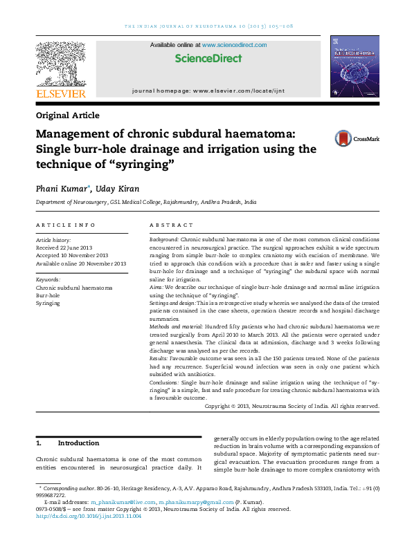 (PDF) Management of chronic subdural haematoma: Single burr-hole ...