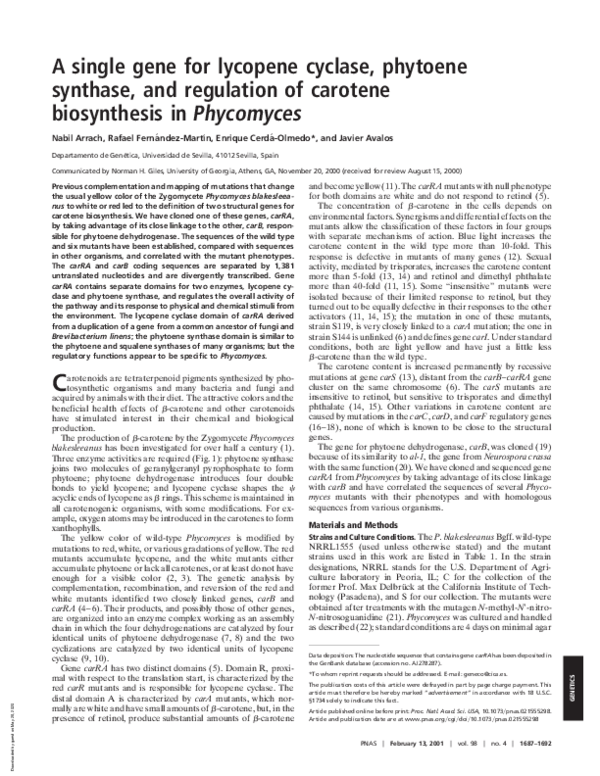 (PDF) A single gene for lycopene cyclase, phytoene synthase, and ...