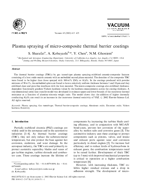 (PDF) Plasma spraying of micro-composite thermal barrier coatings