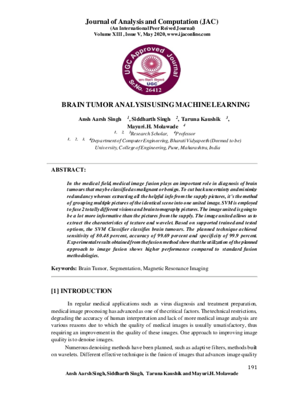 (PDF) Brain Tumor Analysis Using Machine Learning