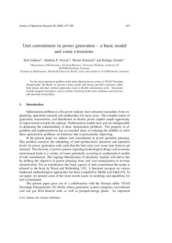 Pdf Unit Commitment In Power Generation A Basic Model And Some Extensions Werner Römisch