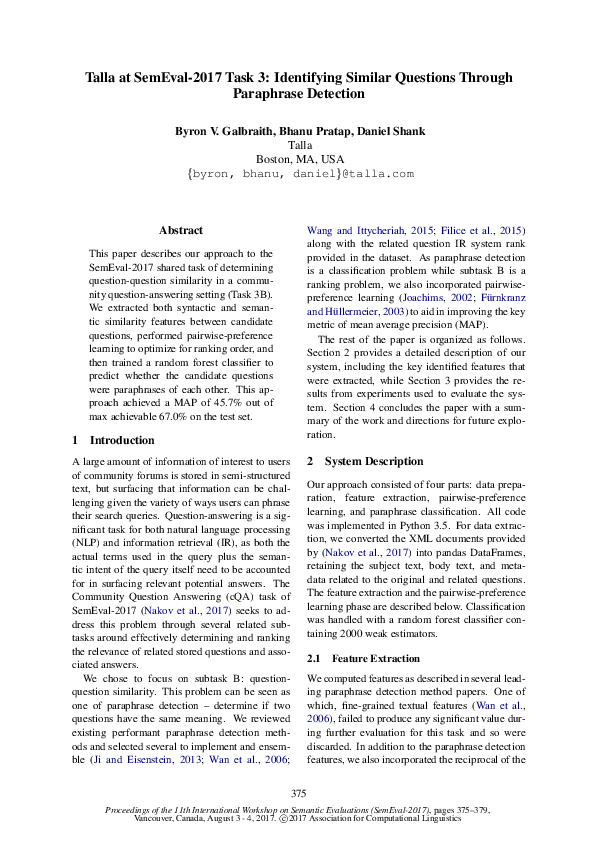(PDF) Talla at SemEval-2017 Task 3: Identifying Similar Questions Through Paraphrase Detection