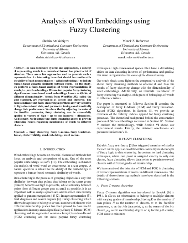 (PDF) Analysis of Word Embeddings using Fuzzy Clustering