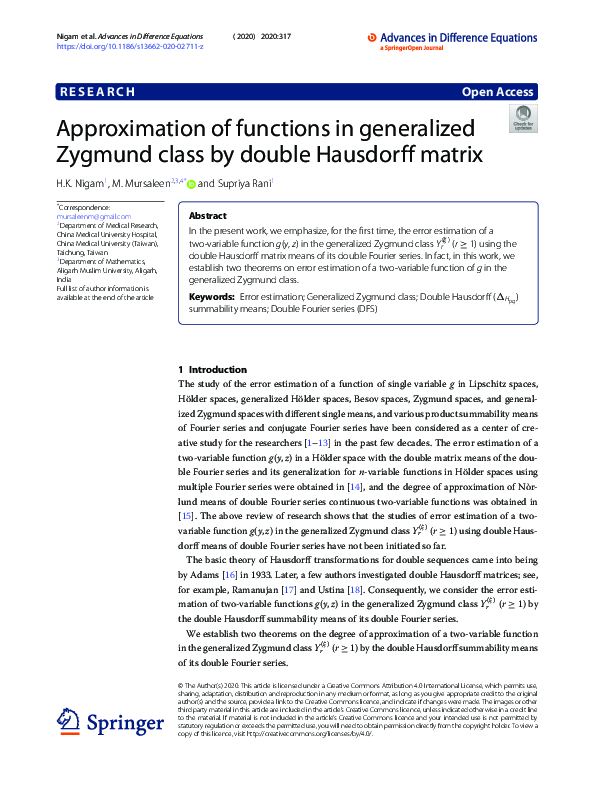 Pdf Approximation Of Functions In Generalized Zygmund Class By Double Hausdorff Matrix