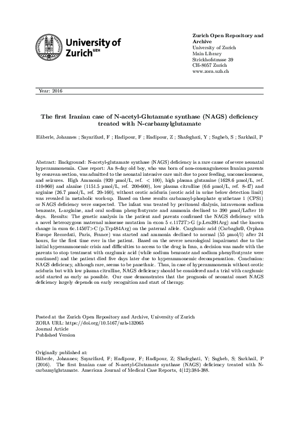 (PDF) The First Iranian Case of N-acetyl-glutamate Synthase (NAGS ...