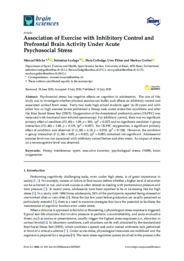 (PDF) Association of Exercise with Inhibitory Control and Prefrontal ...