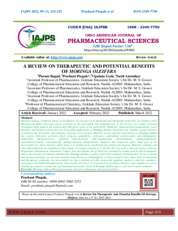 Pdf A Review On Therapeutic And Potential Benefits Of Moringa Oleifera
