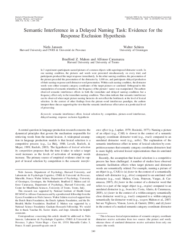 (PDF) Semantic interference in a delayed naming task: Evidence for the response exclusion hypothesis
