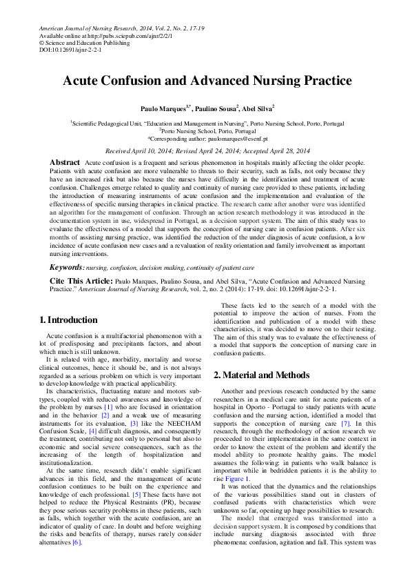 (PDF) Acute Confusion and Advanced Nursing Practice