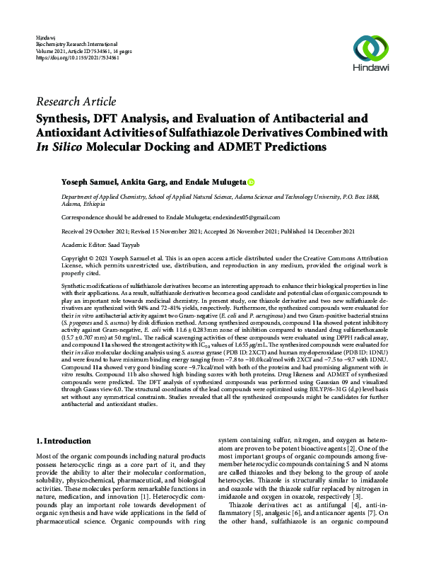 (PDF) Synthesis, DFT Analysis, and Evaluation of Antibacterial and Antioxidant Activities of ...