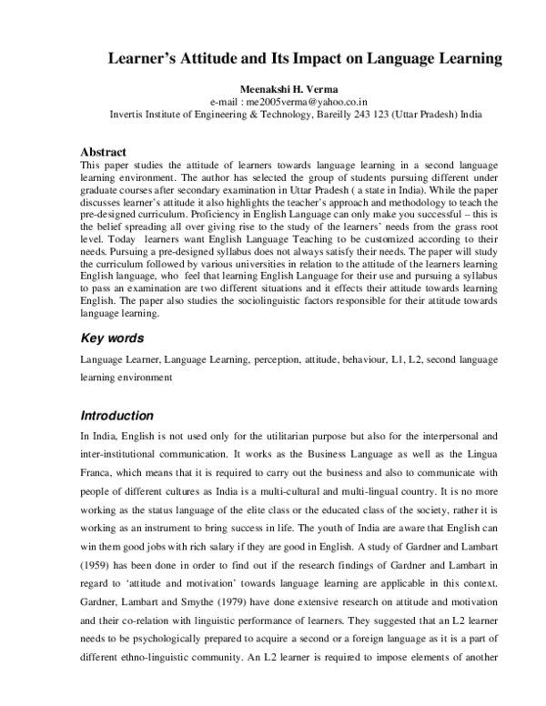 (PDF) Learner's Attitude and Its Impact on language learning