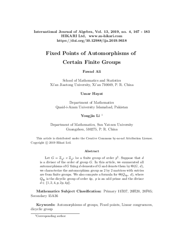 (PDF) Fixed points of automorphisms of certain finite groups