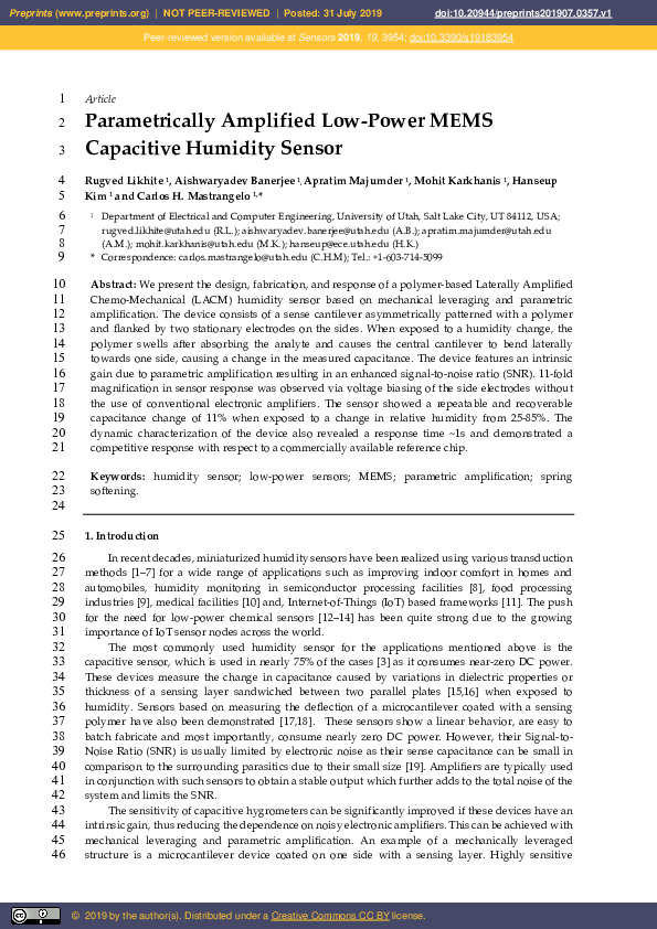 (PDF) 1 Parametrically Amplified Low-Power MEMS 2 Capacitive Humidity Sensor 3
