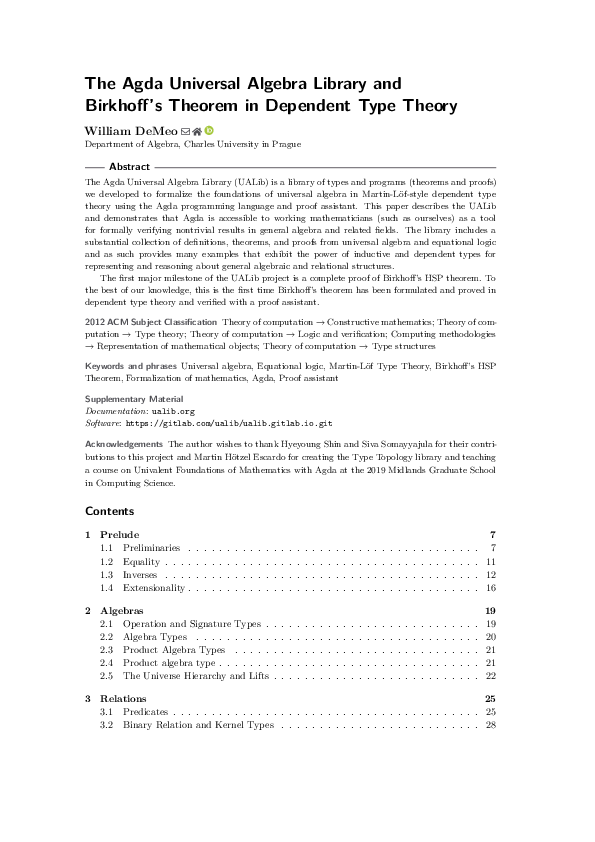(PDF) The Agda Universal Algebra Library and Birkhoff's Theorem in ...
