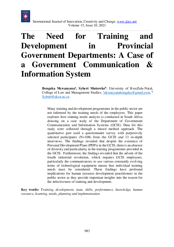 (PDF) The Need for Training and Development in Provincial Government ...