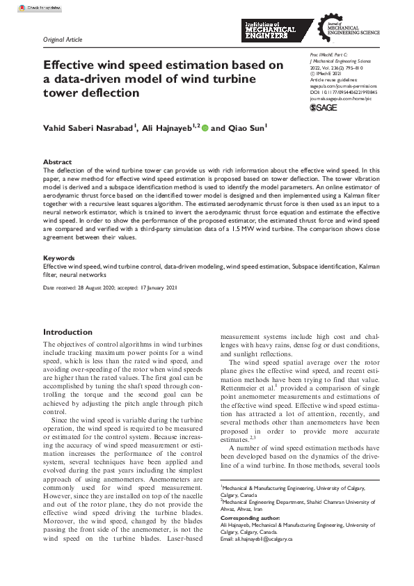 Pdf Effective Wind Speed Estimation Based On A Data Driven Model Of Wind Turbine Tower Deflection