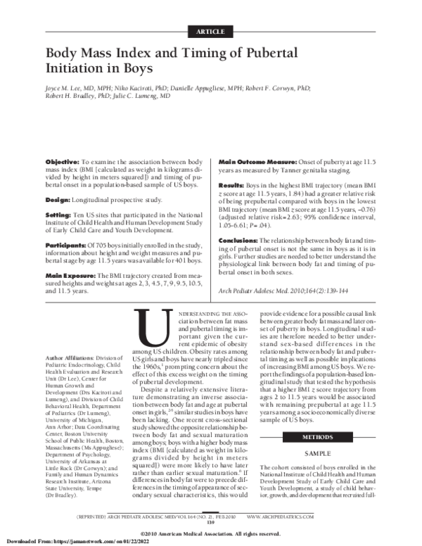 (PDF) Body Mass Index and Timing of Pubertal Initiation in Boys