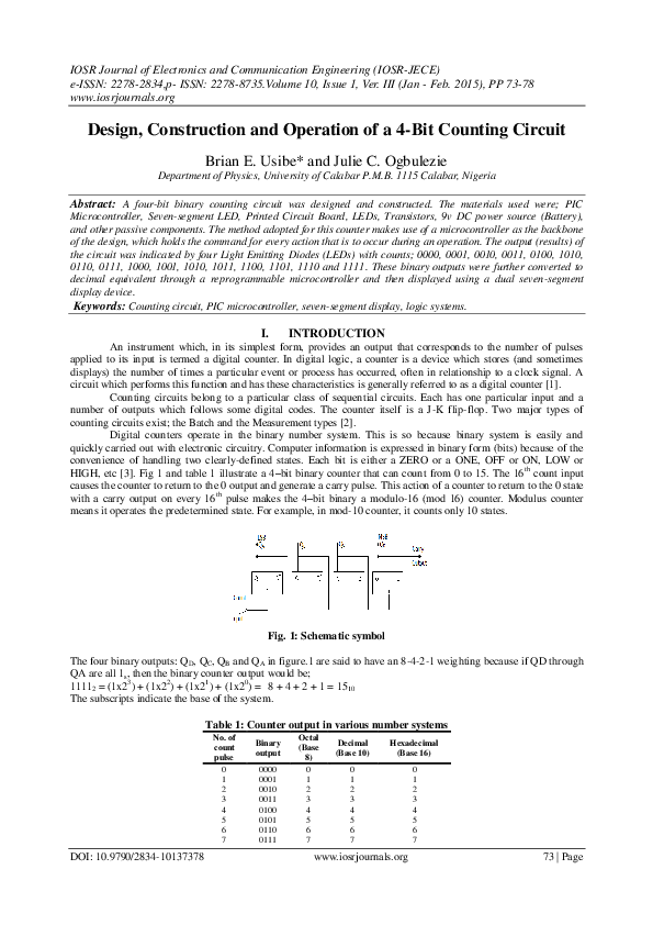 Pdf Design Construction And Operation Of A 4 Bit Counting Circuit