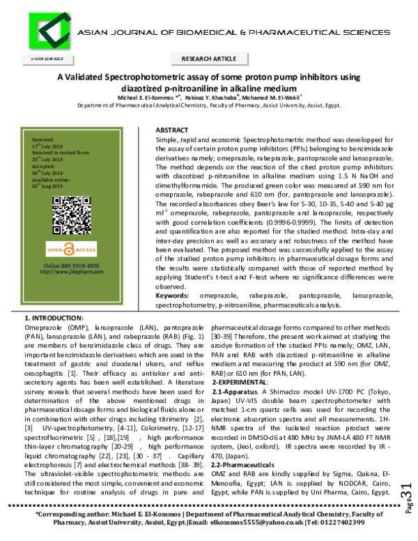 (PDF) A Validated Spectrophotometric assay of some proton pump ...