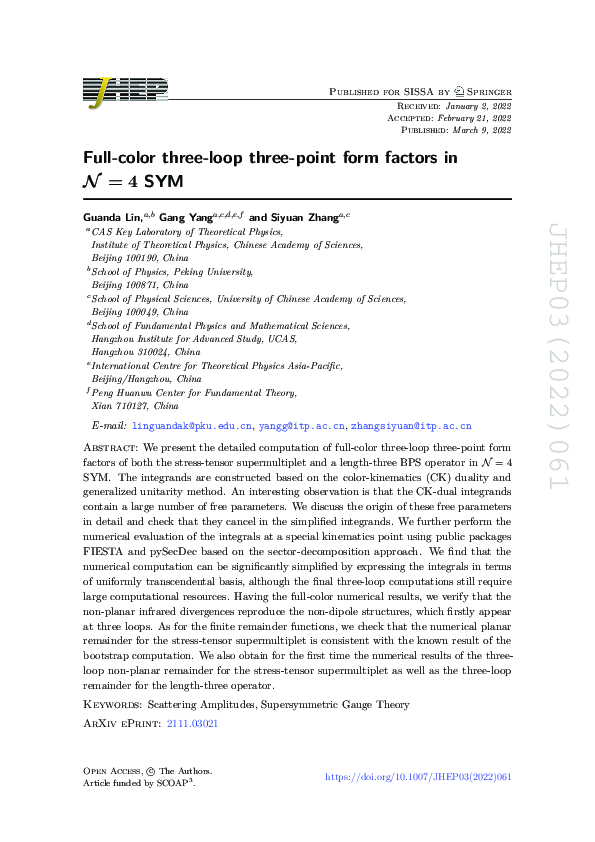 (PDF) Full-color three-loop three-point form factors in 𝒩 = 4 SYM