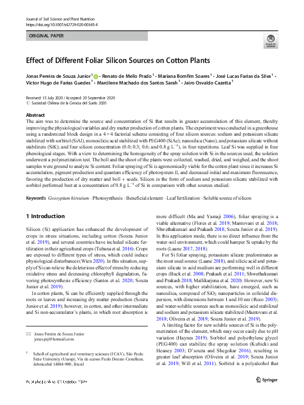 (PDF) Effect of Different Foliar Silicon Sources on Cotton Plants (PDF) Effect of Different Foliar Silicon Sources on Cotton Plants