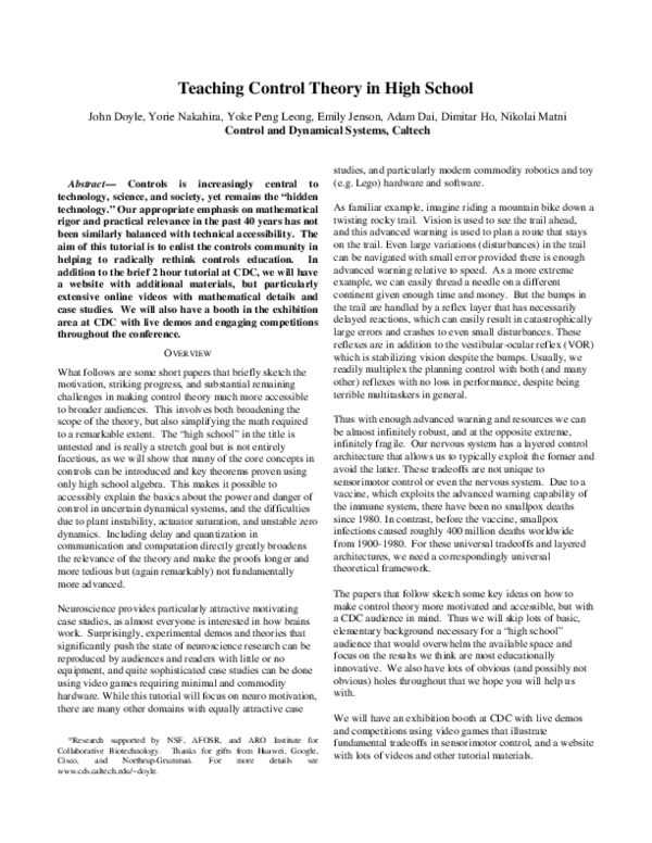 (PDF) Teaching control theory in high school