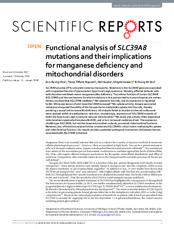 (PDF) Functional analysis of SLC39A8 mutations and their implications ...
