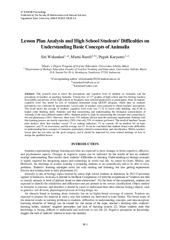 (PDF) Lesson Plan Analysis and High School Students' Difficulties on ...