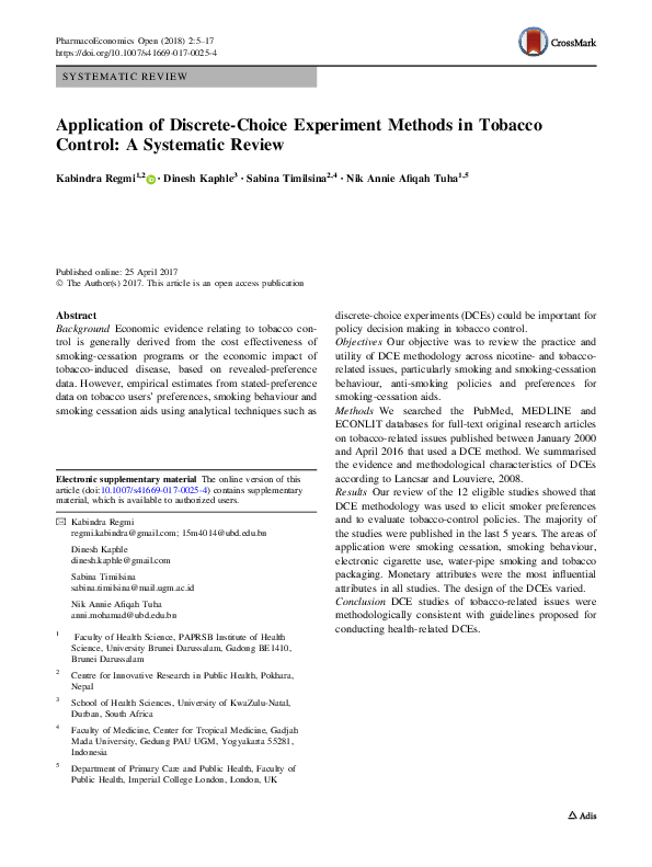 (PDF) Application of Discrete-Choice Experiment Methods in Tobacco Control: A Systematic Review