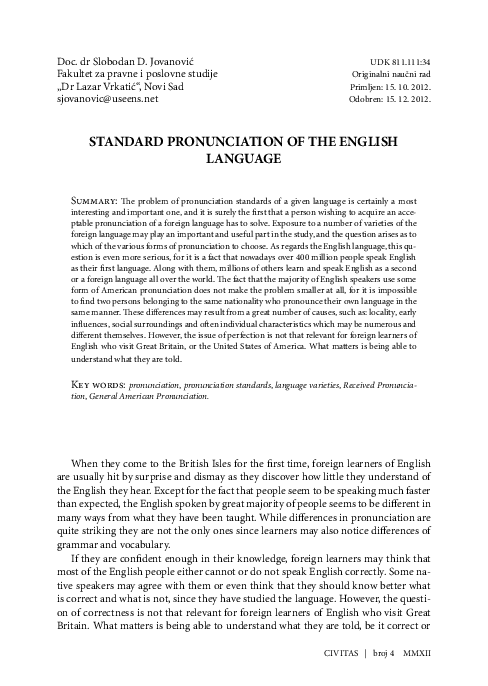 (PDF) Standard Pronunciation of the English Language