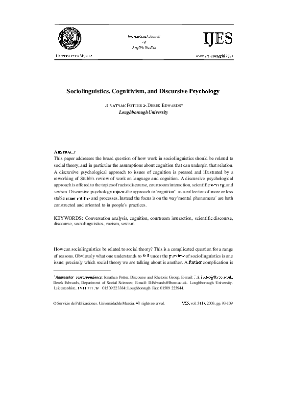 (PDF) Sociolinguistics, Cognitivism, and Discursive Psychologyl