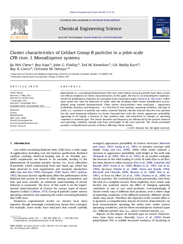 (PDF) Cluster characteristics of Geldart Group B particles in a pilot ...